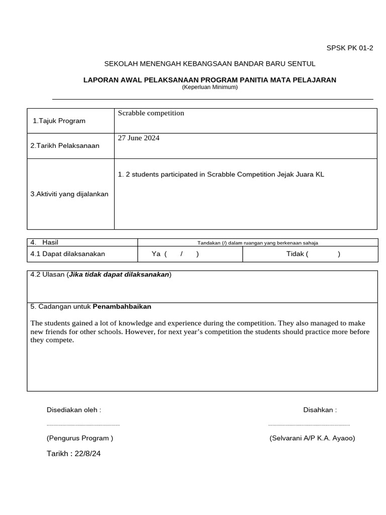 Borang Laporan SPSK | PDF