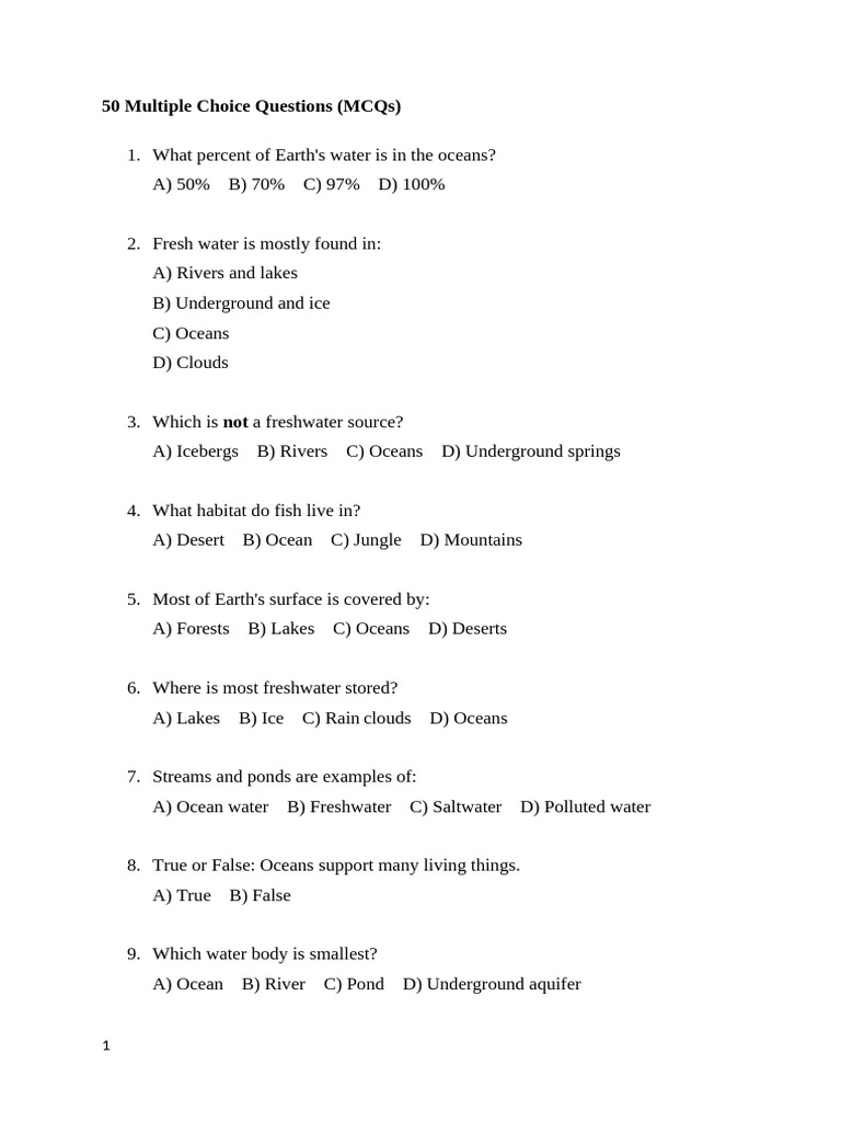 50 Multiple Choice Questions Water | PDF | Water | Fresh Water