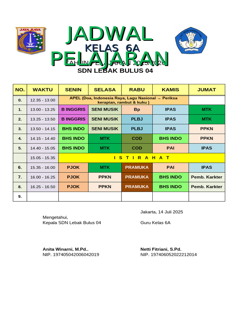 JADWAL PELAJARAN 6ABC | PDF