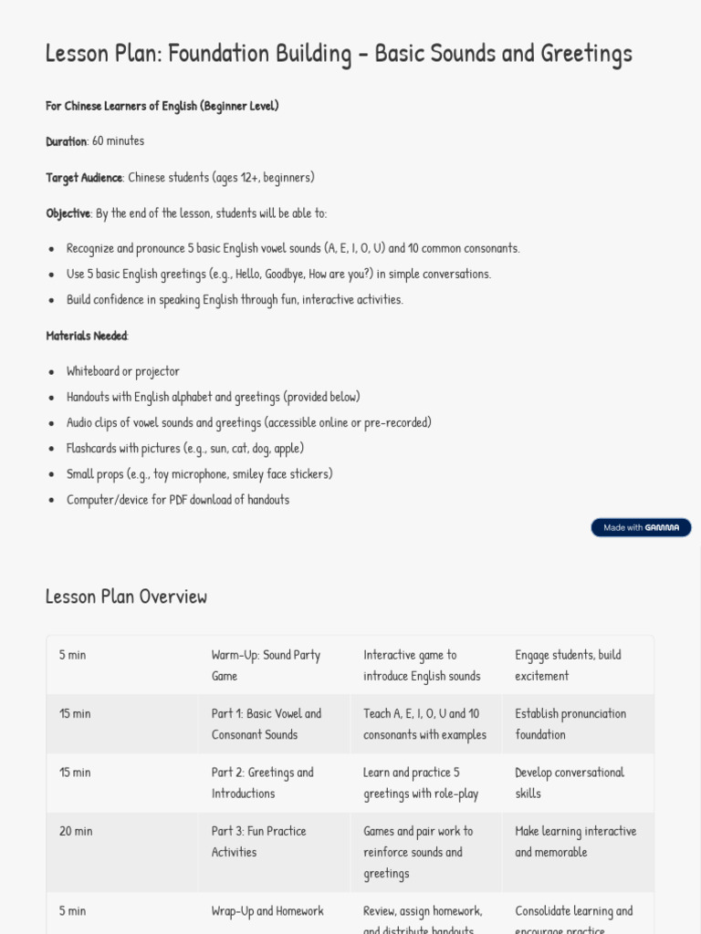 Lesson Plan Foundation Building Basic Sounds and Greetings | PDF ...