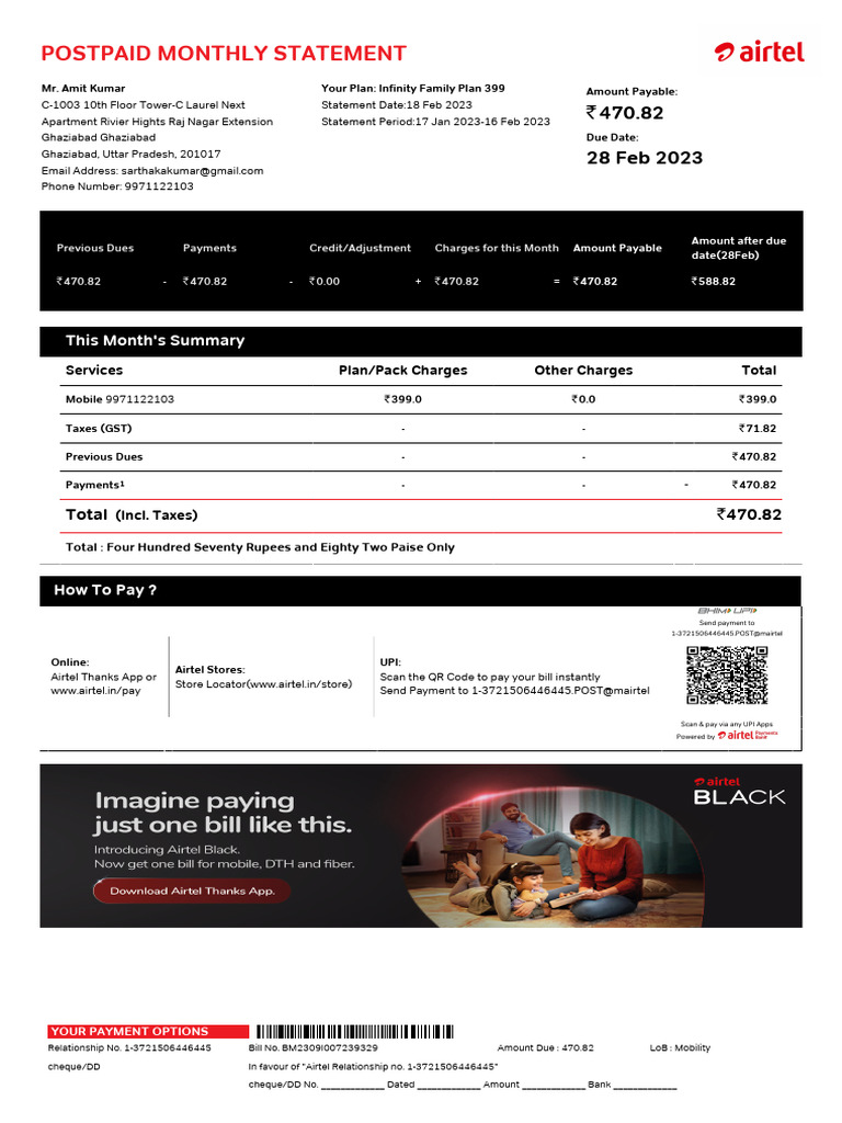Postpaid Bill 9971122103 BM2309I007239329 | PDF | Payments | Cheque