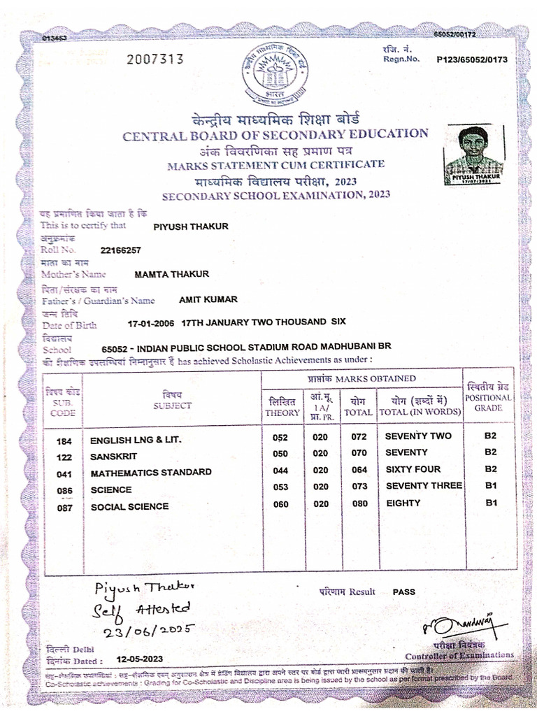 10th Marksheet | PDF