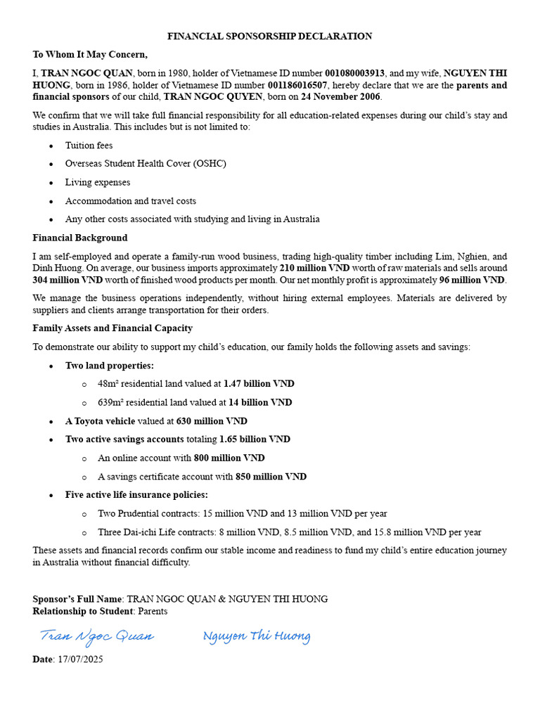 Financial Sponsorship Declaration - Tran Ngoc Quyen | PDF