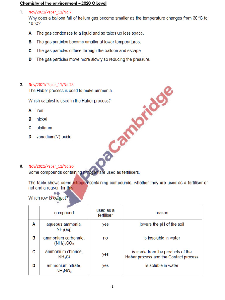 2020 Chemistry of The Environment O Level 5070 | PDF