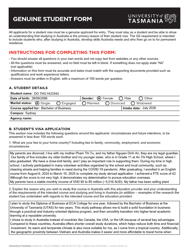 DO THU HUONG UTAS GenuineStudent Signed | PDF | Marketing | Travel Visa