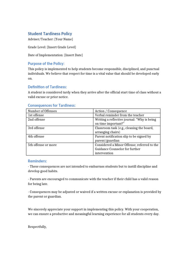 Student Tardiness Policy Guidelines | PDF