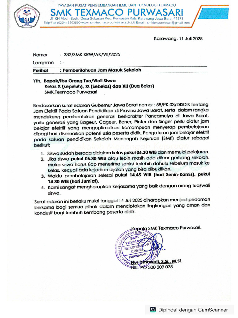 Surat Edaran Pemberitahuan Jam Masuk Sekolah | PDF
