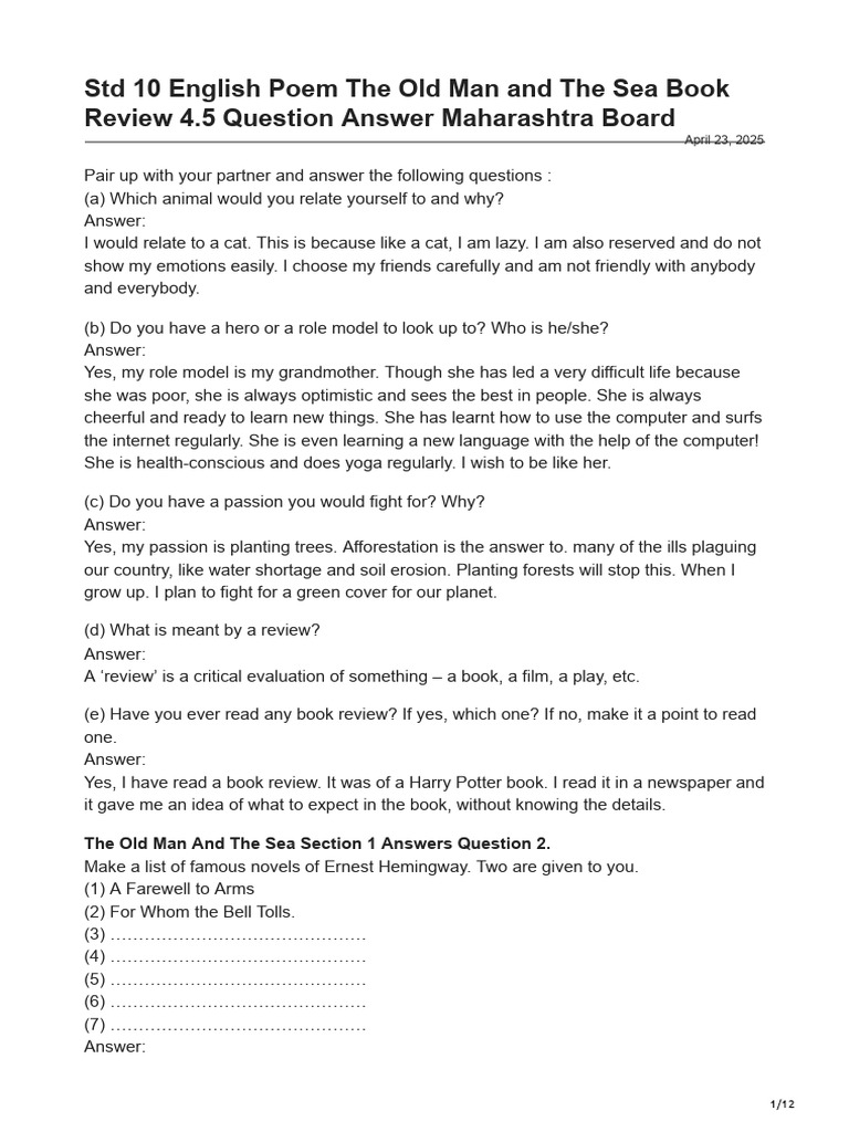 English 4.5 The Old Man and The Sea Book Review | PDF | Pride And ...