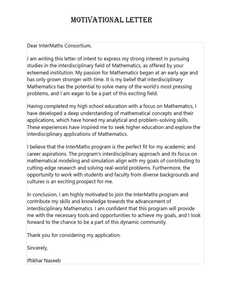 Motivational Letter for InterMaths Program | PDF