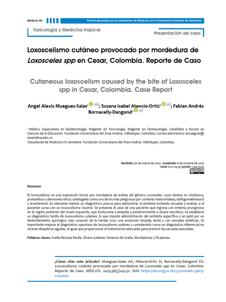 Loxoscelismo Cutáneo Provocado Por Mordedura de Loxosceles SPP en Cesar ...