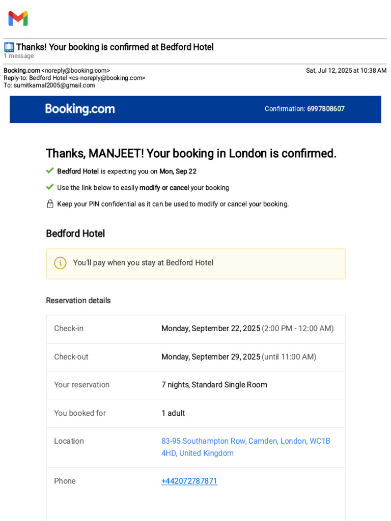 Gmail - ? Thanks! Your Booking Is Confirmed at Bedford Hotel | PDF ...