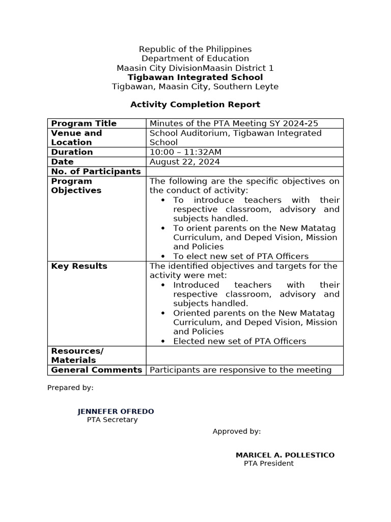 Acr 1ST Homeroom Pta Meeting | PDF