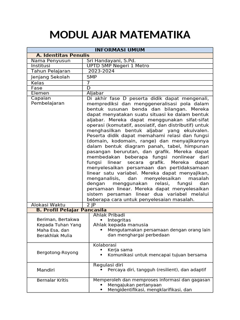 Modul Ajar SPLDV untuk Kelas 7 SMP | PDF