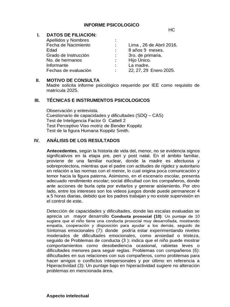 Informe Psicologico Ejemplo | PDF | Las emociones | Timidez