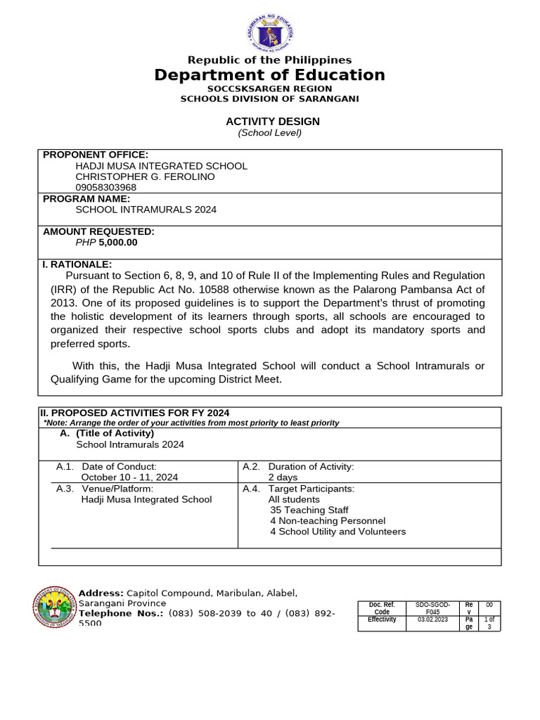 Activity Design - Intrams | PDF