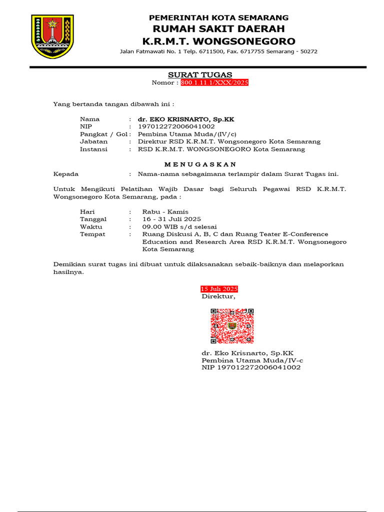 Pelatihan Pegawai RSD K.R.M.T. Wongsonegoro | PDF