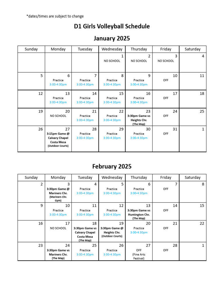 D1 Girls Volleyball Schedule 2025 | PDF