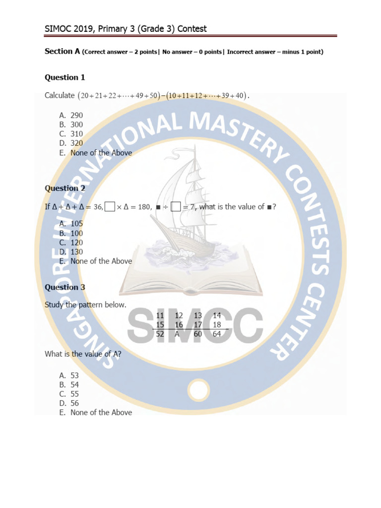 SIMOC 2019 Grade 3 Math Contest Questions | PDF