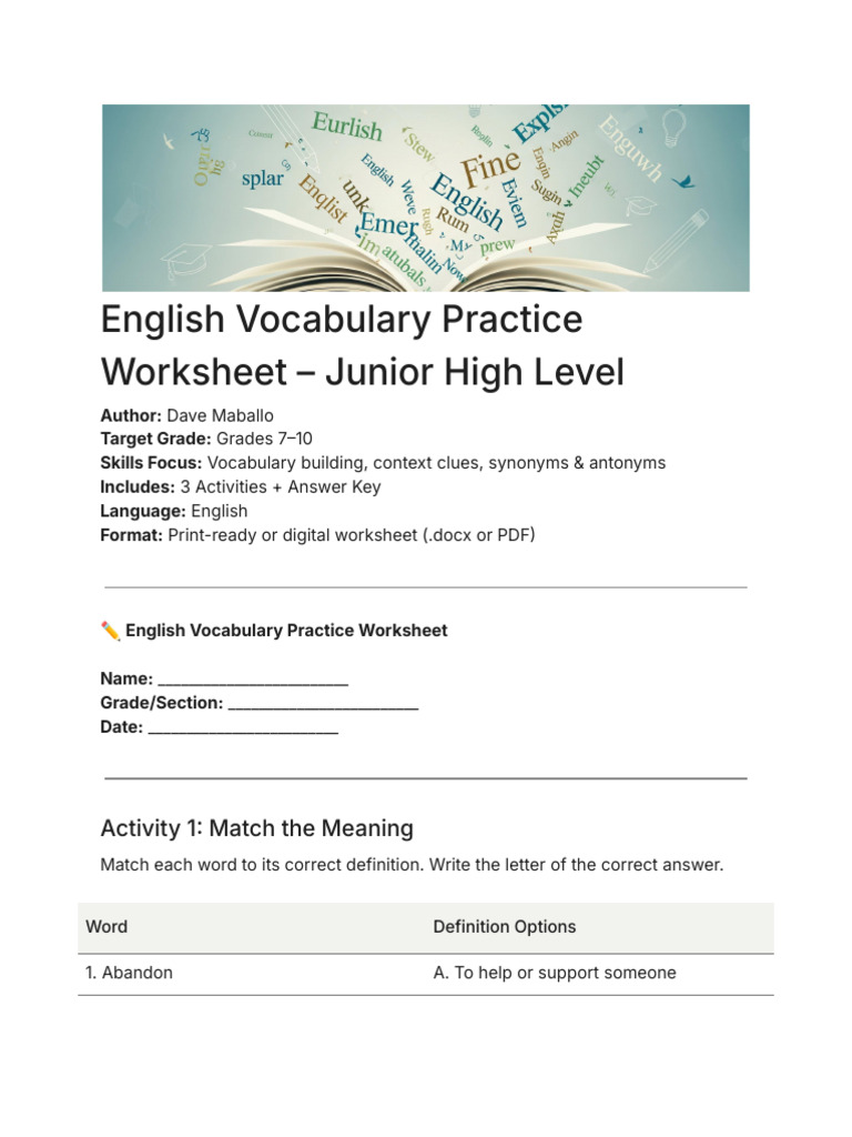 English Vocabulary Practice Worksheet - Junior High Level | PDF