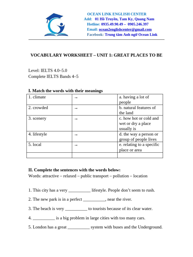 Unit 1 Vocabulary: Great Places to Be | PDF