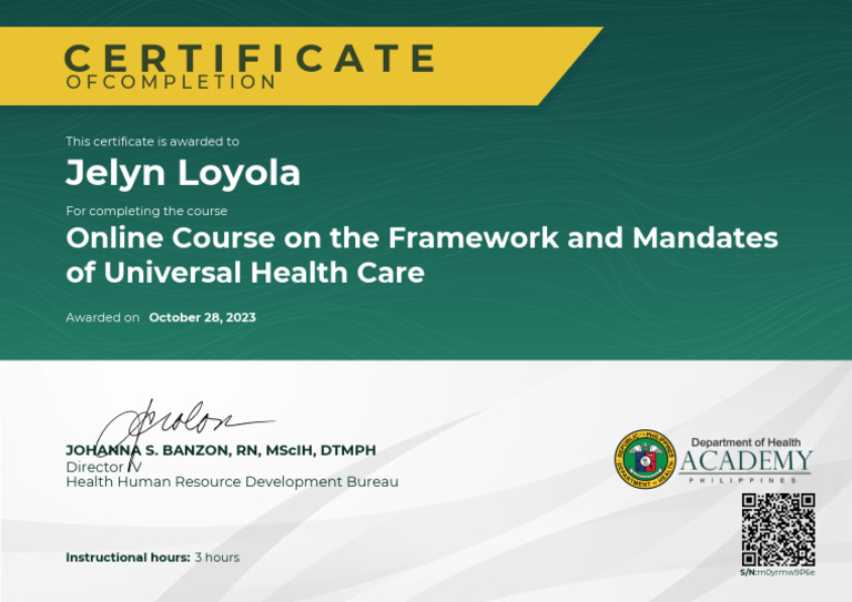 Universal Health Care Course Certificate | PDF