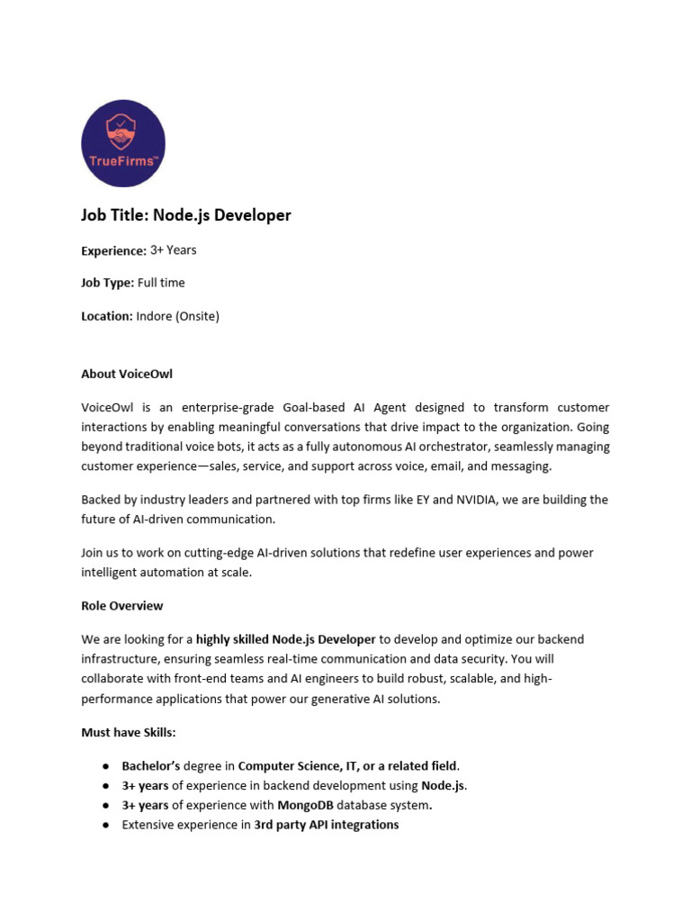 JD Node - Js Developer VoiceOwl | PDF | Artificial Intelligence | Intelligence (AI) & Semantics