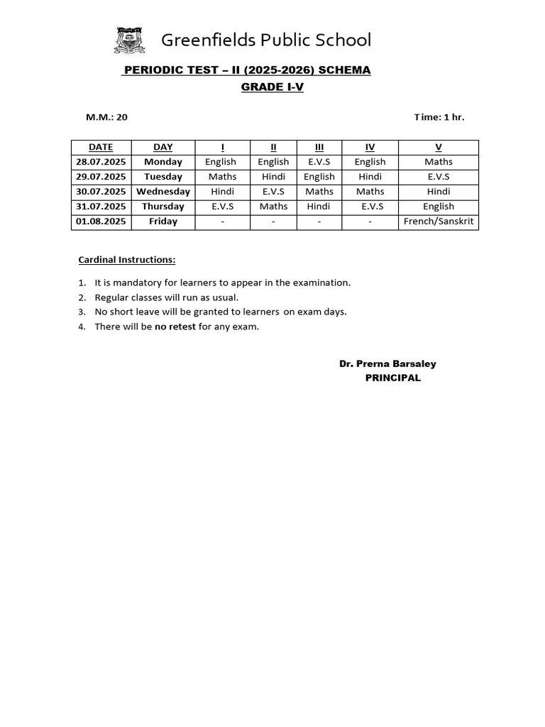 Greenfields School Periodic Test II Schedule | PDF