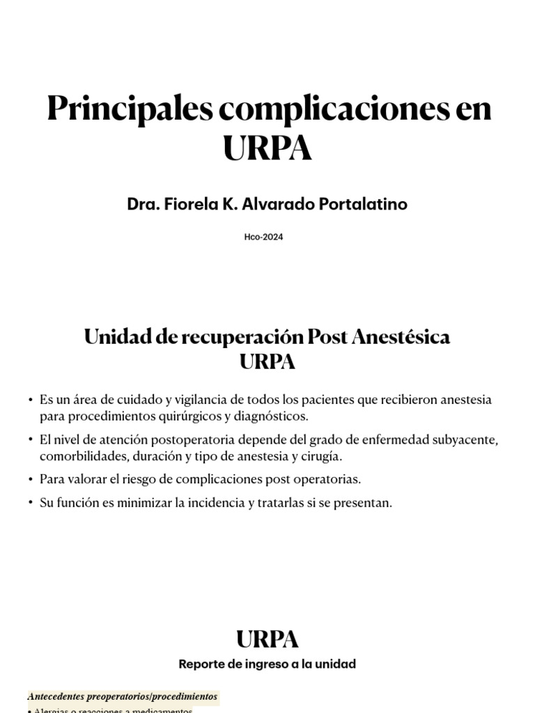 Complicaciones en URPA: Guía Esencial | PDF | Anestesia | Dolor