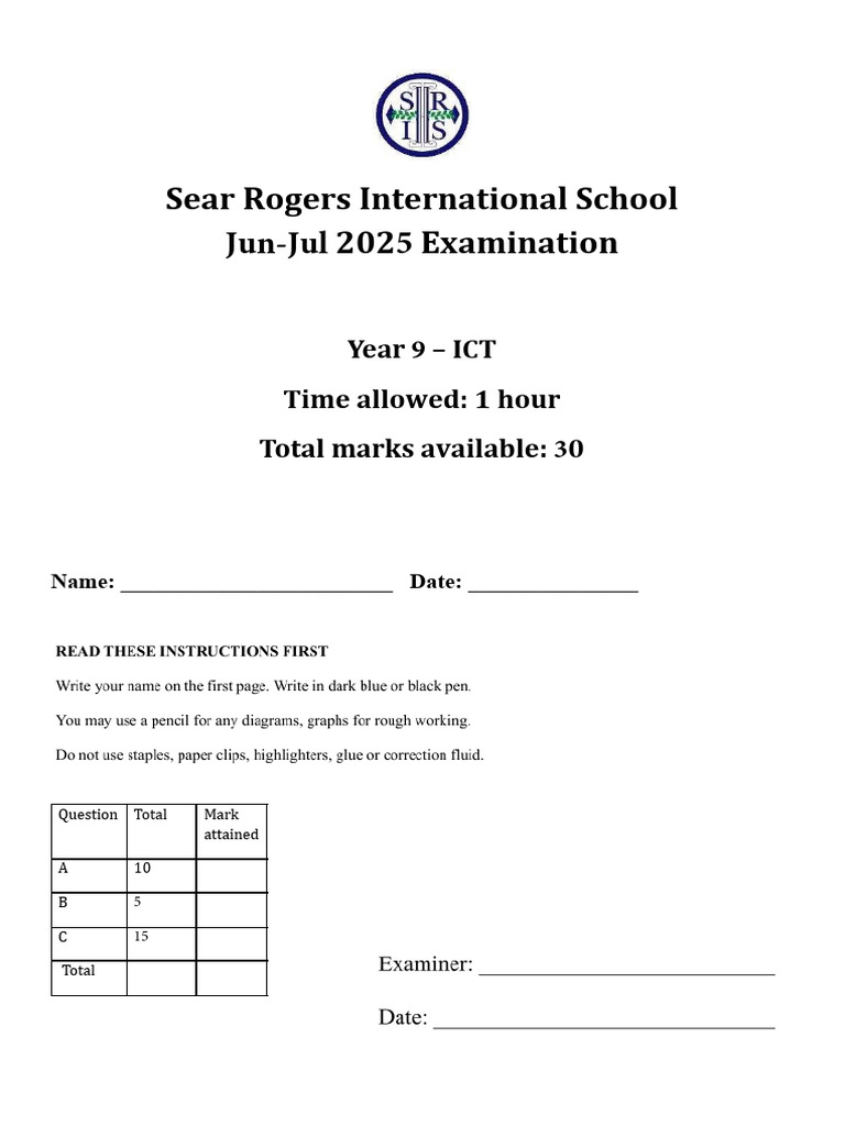 Y9 ICT Exam Front Cover - Sample - Docx-2-2 | PDF