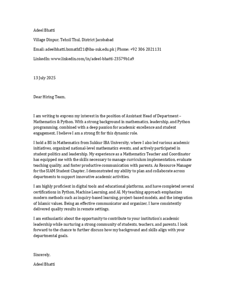 Cover Letter HoD Math Python Adeel Bhatti | PDF