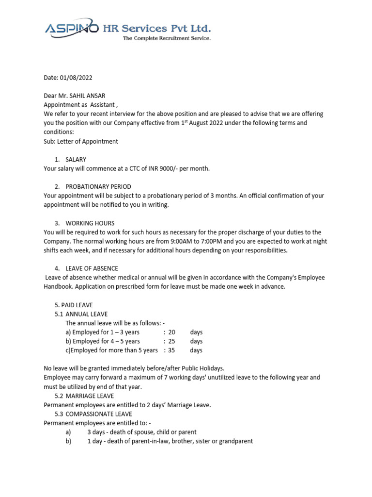 Aspino Offer Letter | PDF | Employment | Labor