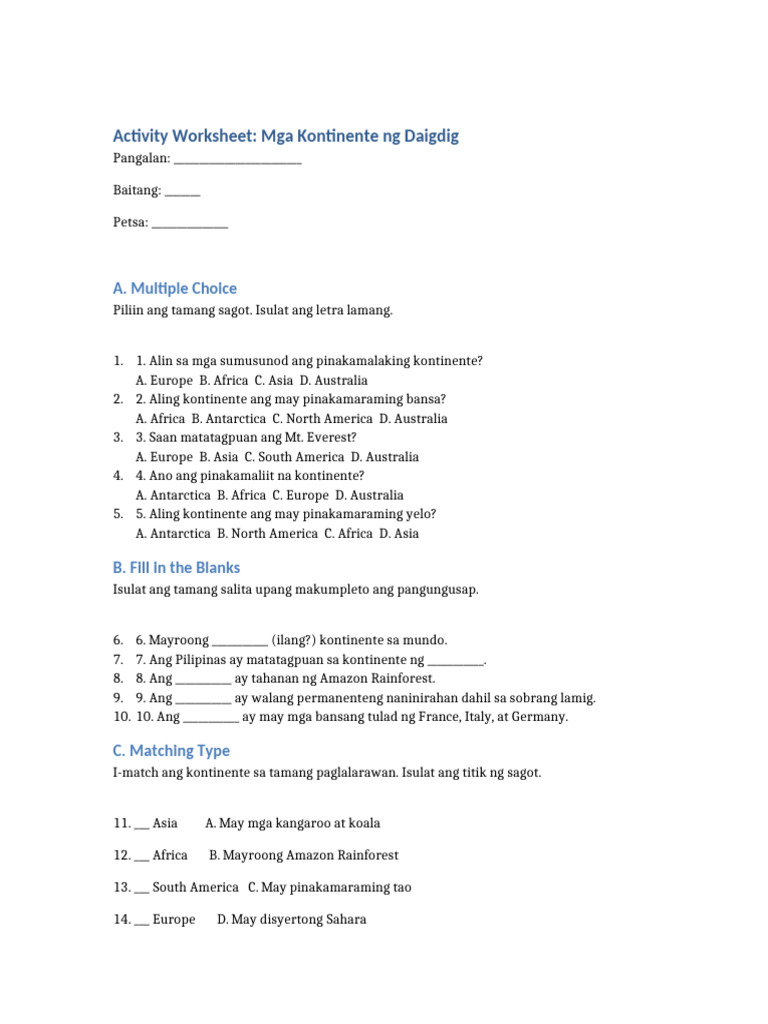 Kontinente Worksheet | PDF