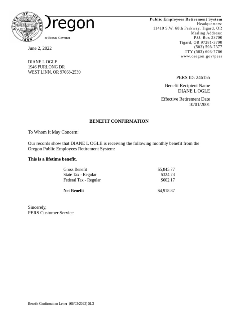 Benefits Letter For Diane Ogle PERS | PDF