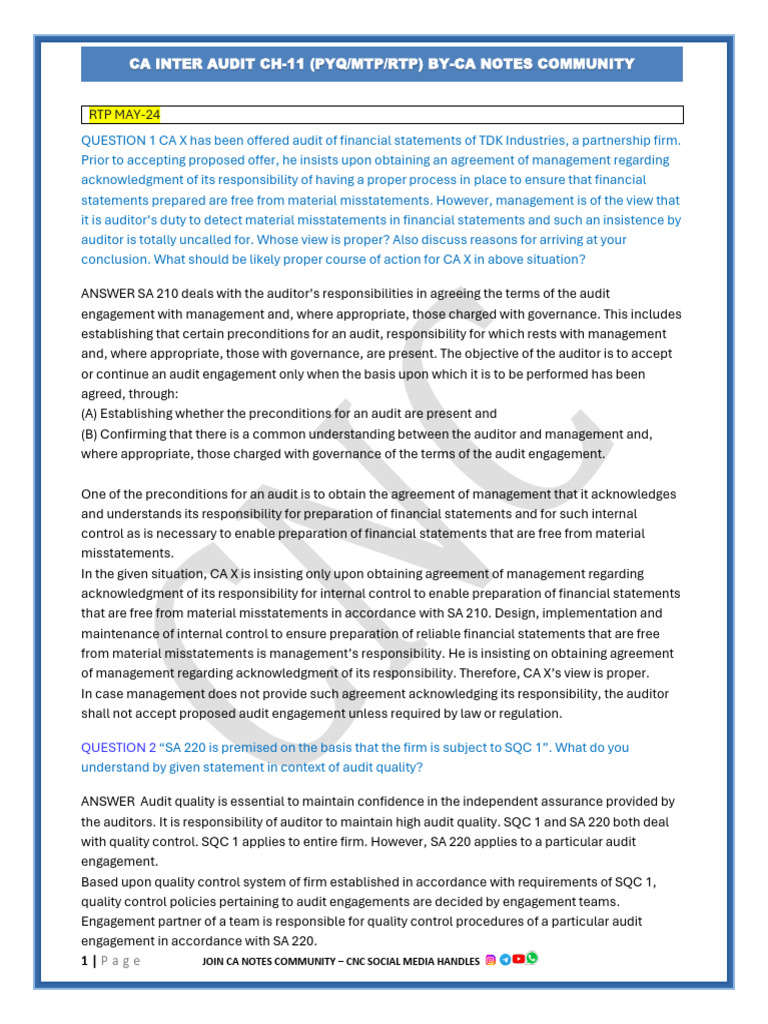 Audit Ch-11 Pyq MTP RTP Q+a CNC | PDF | Audit | Internal Control