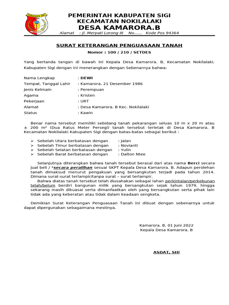 Surat Keterangan Penguasaan Tanah | PDF