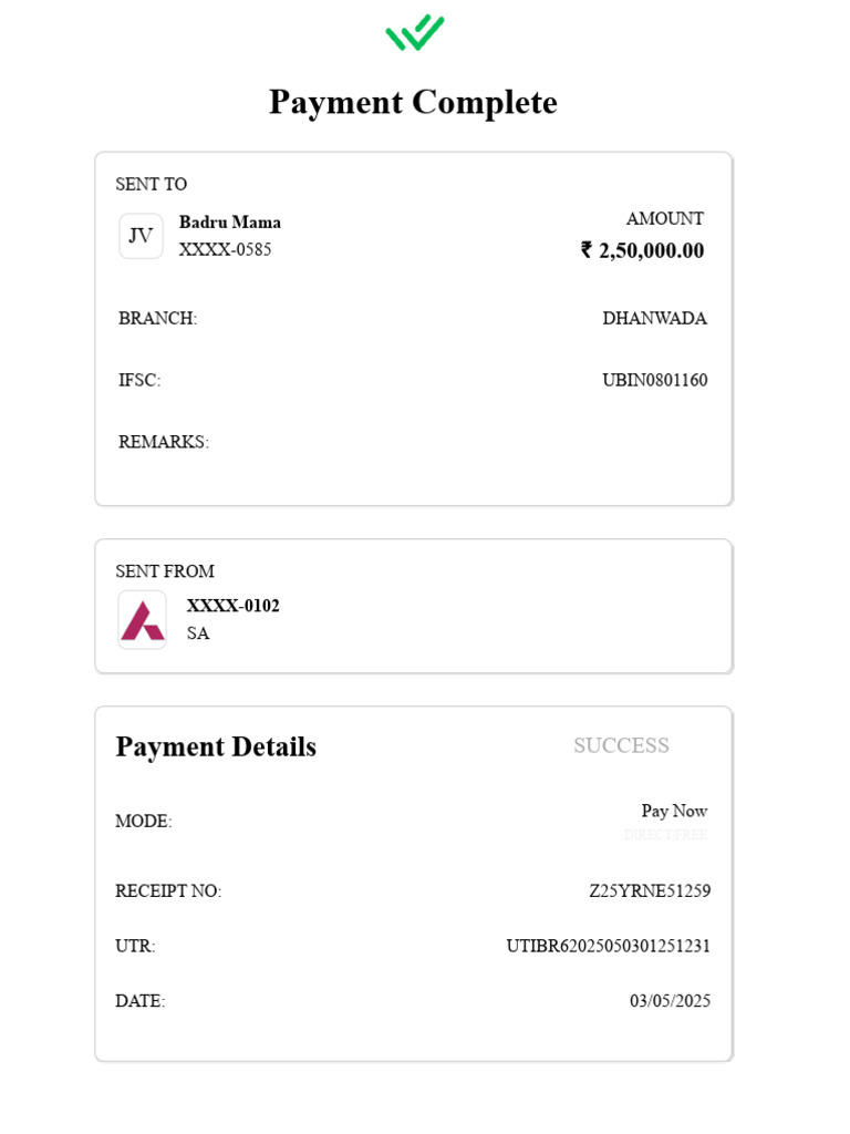 Payment Confirmation Receipt - ₹2,50,000 | PDF