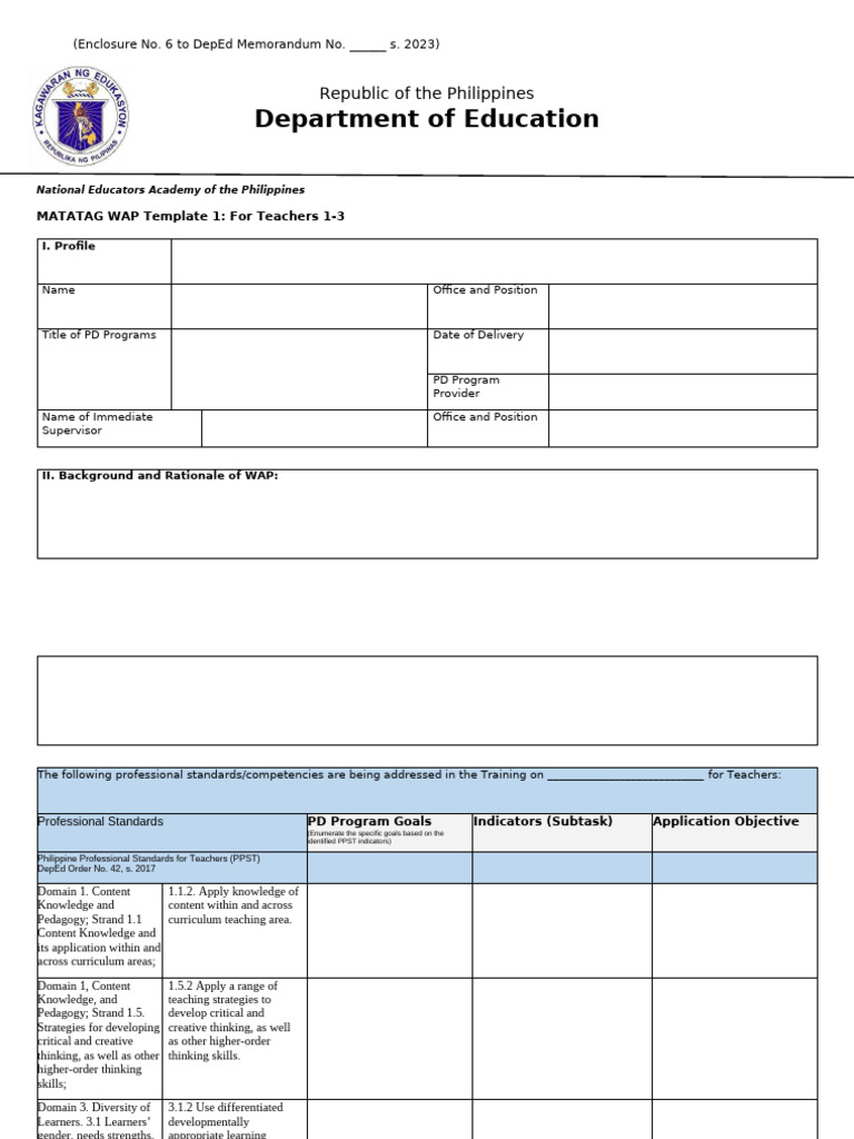 WAP Template 1 For Teachers | PDF | Educational Assessment | Learning