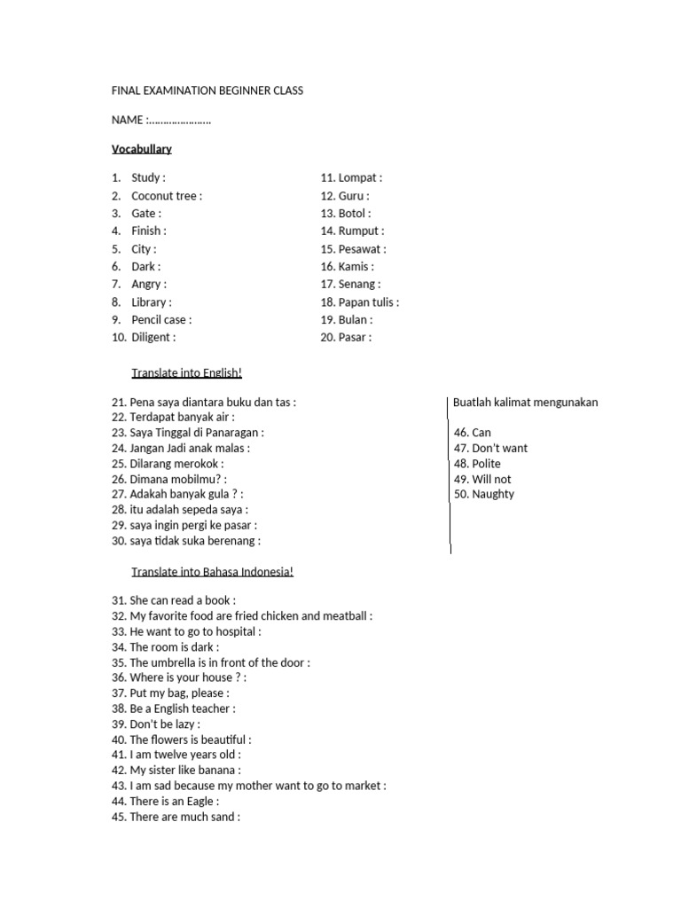 Beginner Class Final Exam Vocabulary | PDF