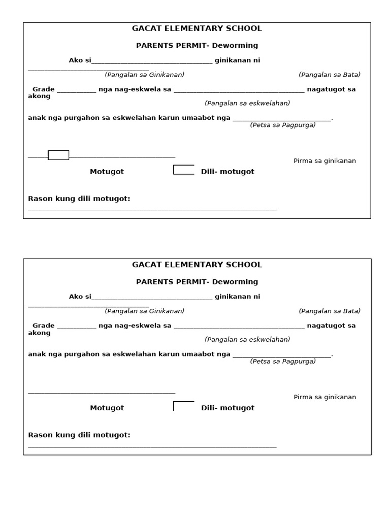 Deworming Parents Consent 1 | PDF