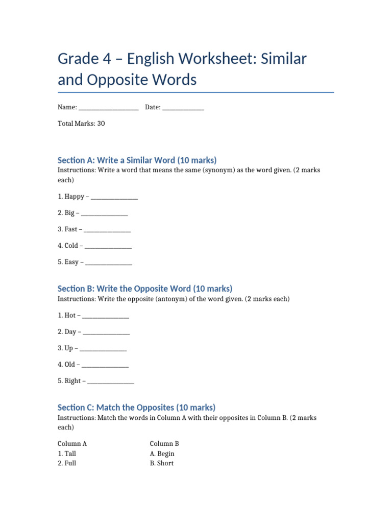 Grade 4 Opposite Words Worksheet | PDF