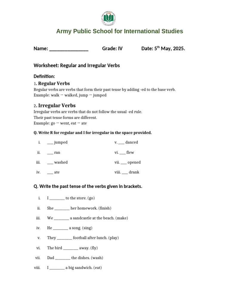 Regular Irregular Verbs Worksheet | PDF