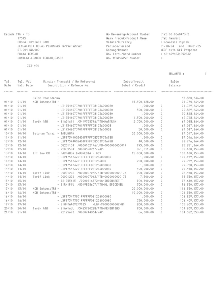 Rek Mandiri 2024 1 | PDF | Payments | Foreign Exchange Market