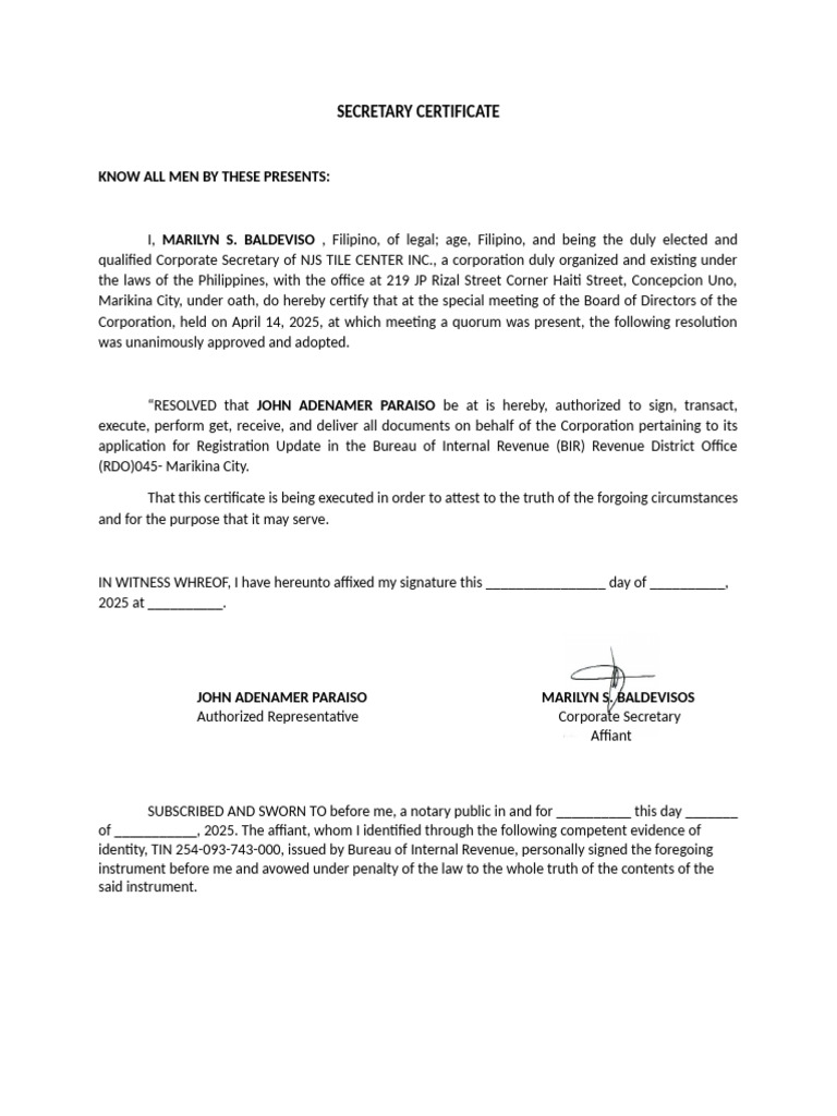 Secretary Certificate for BIR Registration | PDF