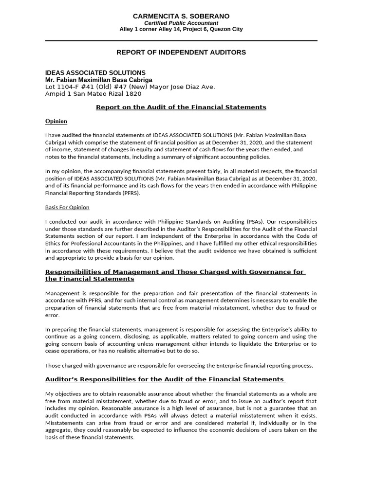 Independent Audit Report for IDEAS Solutions | PDF | Audit | Going Concern