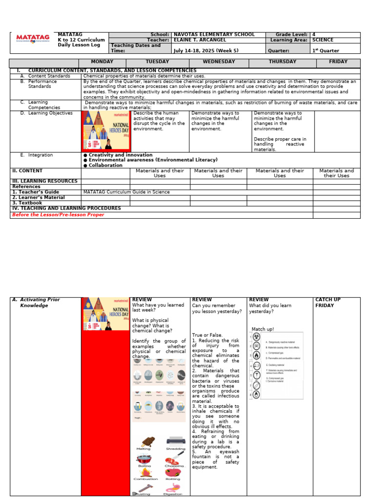 Matatag DLL Week 5 Science g4 | PDF | Water | Waste