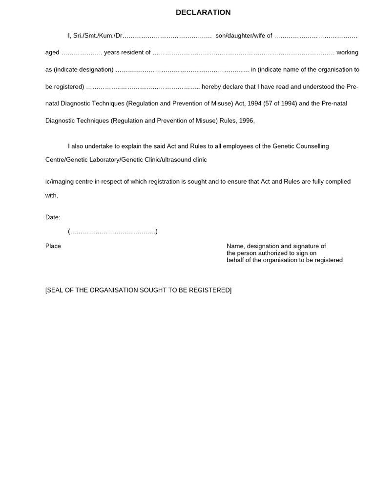 PCPNDT Declaration and Affidavit Form | PDF