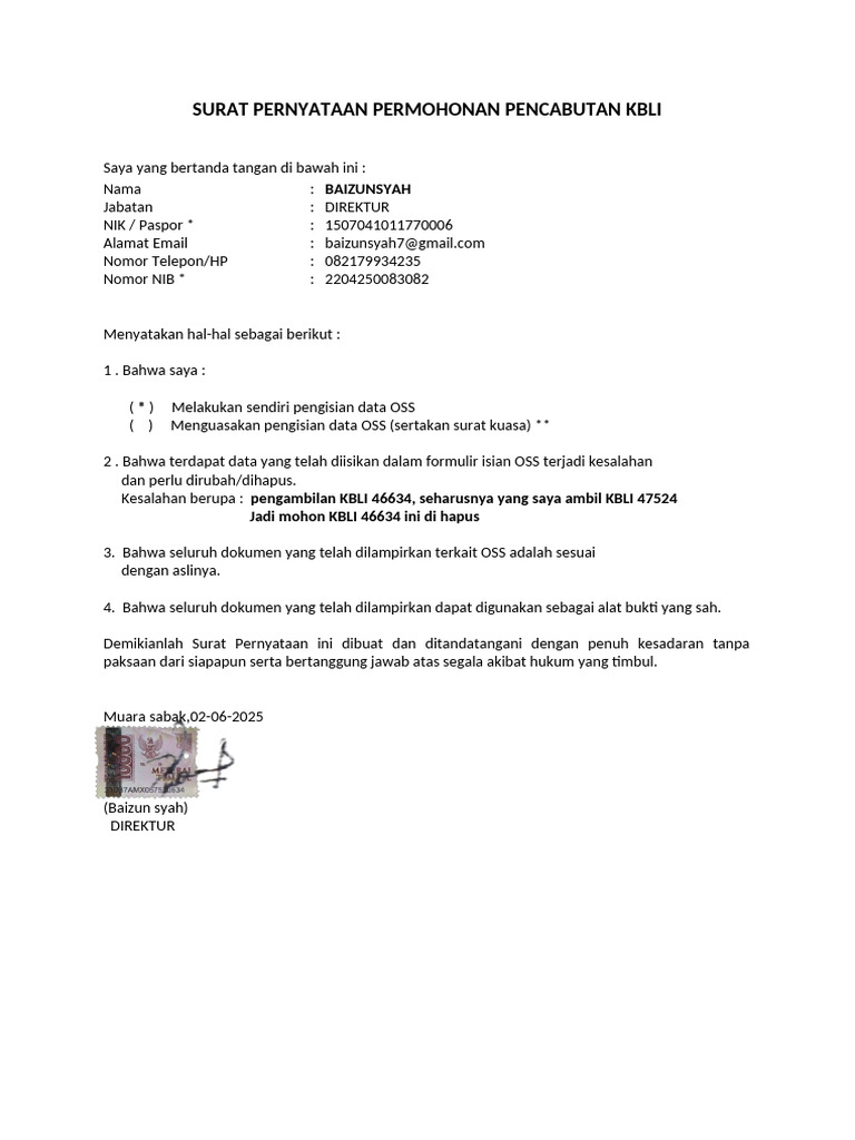 Surat Pernyataan Permohonan Pencabutan Kbli | PDF