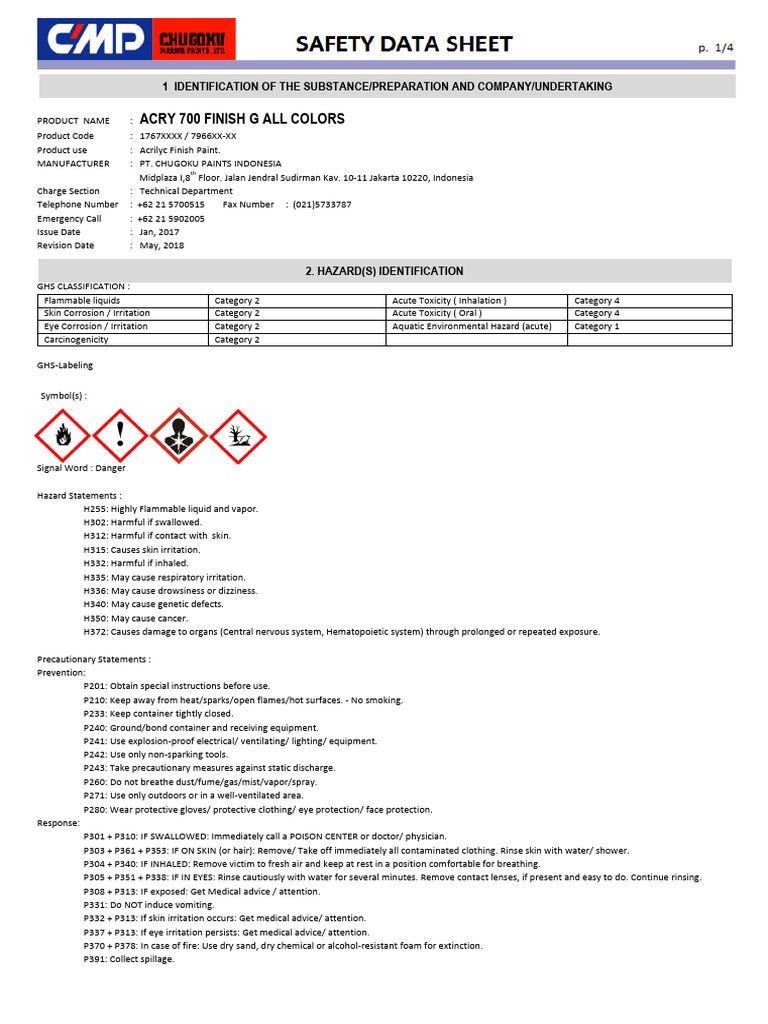 Sds Acri 700 All Colors | PDF | Personal Protective Equipment | Fires