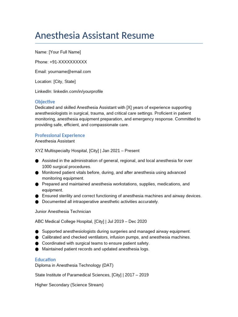 Anesthesia Assistant Resume Template | PDF