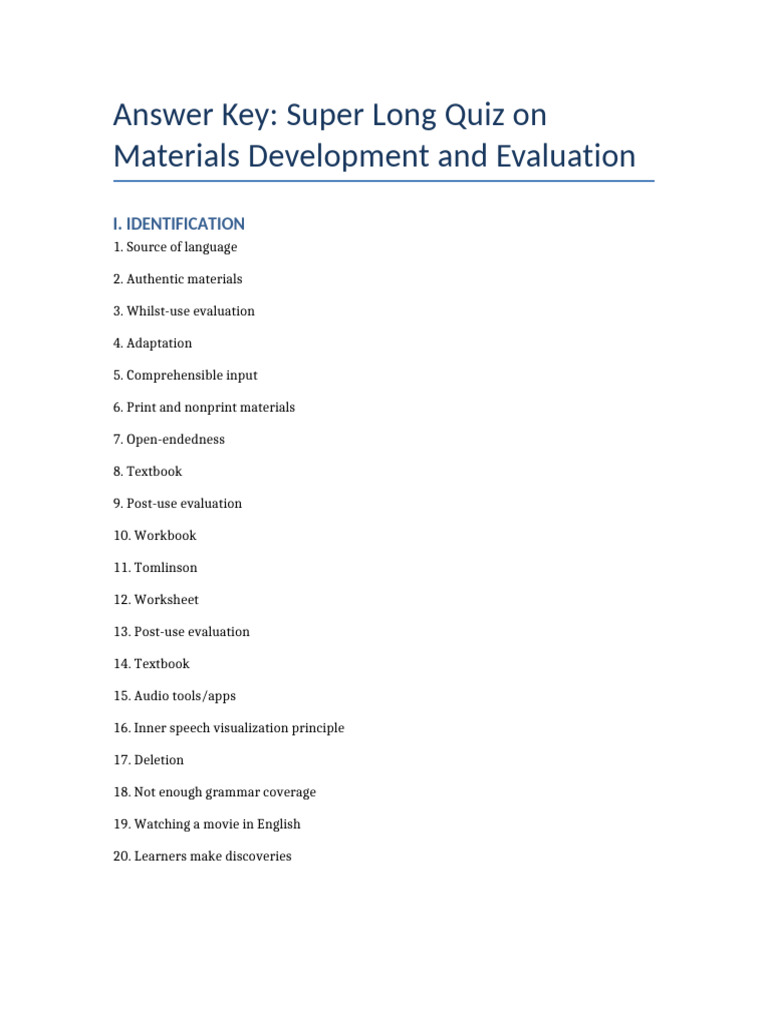 Super Long Quiz Answer Key on Materials | PDF